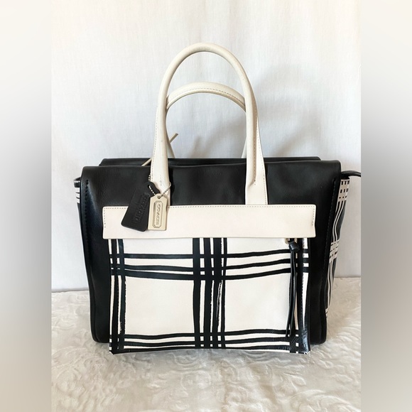 Coach | Bags | Coach Riley Plaid Leather Satchel Black White Rare ...